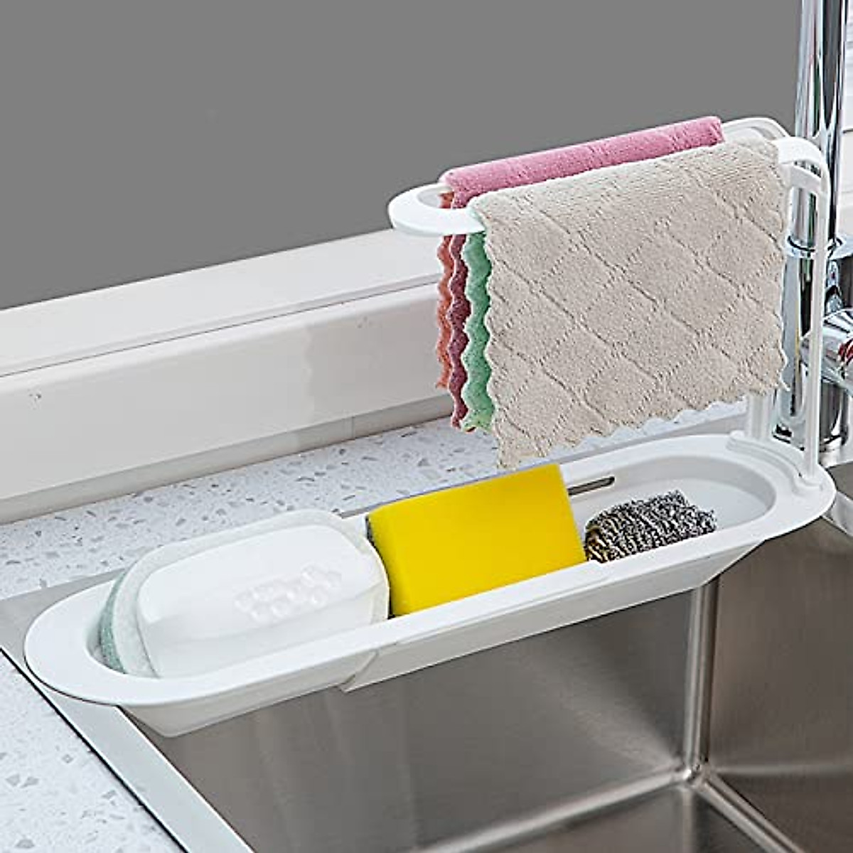 LIFOND Kitchen Sink Caddy Telescopic Sink Tidy Storage Rack Expandable Sink Caddy Organizer with Towel Bar Under Sink Organiser Adjustable Sponge Holder Brush for Kitchen Bathroom,White