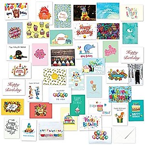 40 Happy Birthday Cards Assortment with Envelopes - Perfect Assorted Birthday Party Greetings Card for Men Women Kids Parent and Employees - Blank Inside With Original Humoristic Colorful Art Designs Outside - Quality Thick Cards