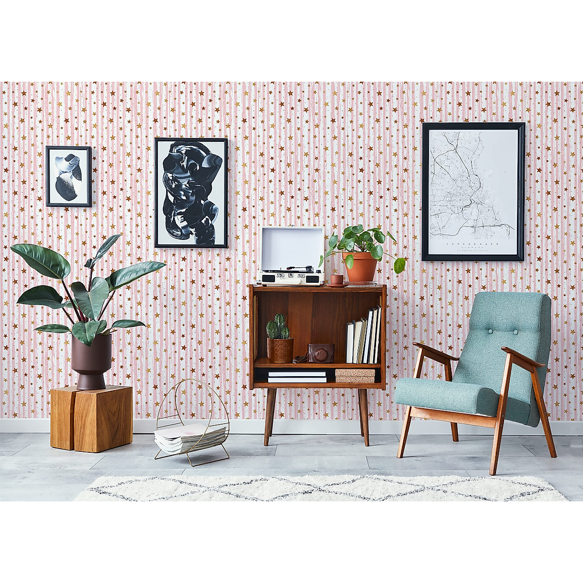 AMAZING WALL Home Modern Peel and Stick Glitter Pink Striped Stars Printed Wallpaper Self Adhesive Bedroom, 15.7*198''