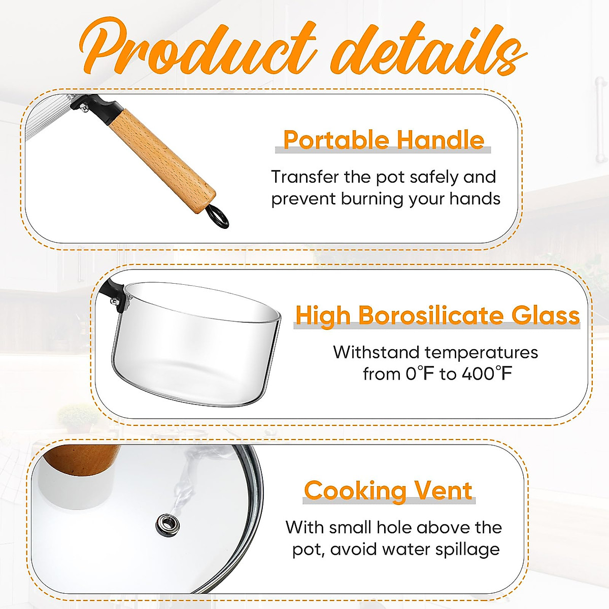 Baderke Small Glass Pot for Cooking with Steamer Lid Brush Spoon Set Glass Cooking Pan for Pasta, Soup, Vegetable, Gravies, Vegetable and More(Style 1)