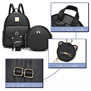 BESYIGA Girls Small Kitty Backpack 3 PCS Leather Backpack Purse for Women Travel Bag Kids Backpack Mini Backpack for Girls