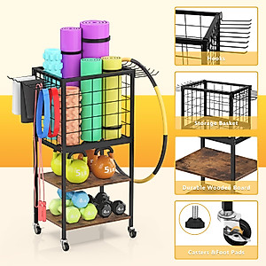 Weight Rack for Dumbbells, Yoga Mat Storage Rack, Home Gym Workout Equipment Storage Organizer, 3-Tier Wooden Dumbbell Rack Weight Stand with Hooks, Yoga Mat Holder with Wheels for Yoga Block
