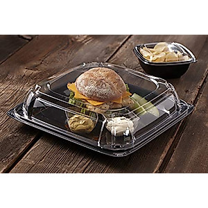 Sabert Black 12" UltraStack Square Platter with Clear 3" Dome Lid, Durable Plastic, Disposable, 25 Count