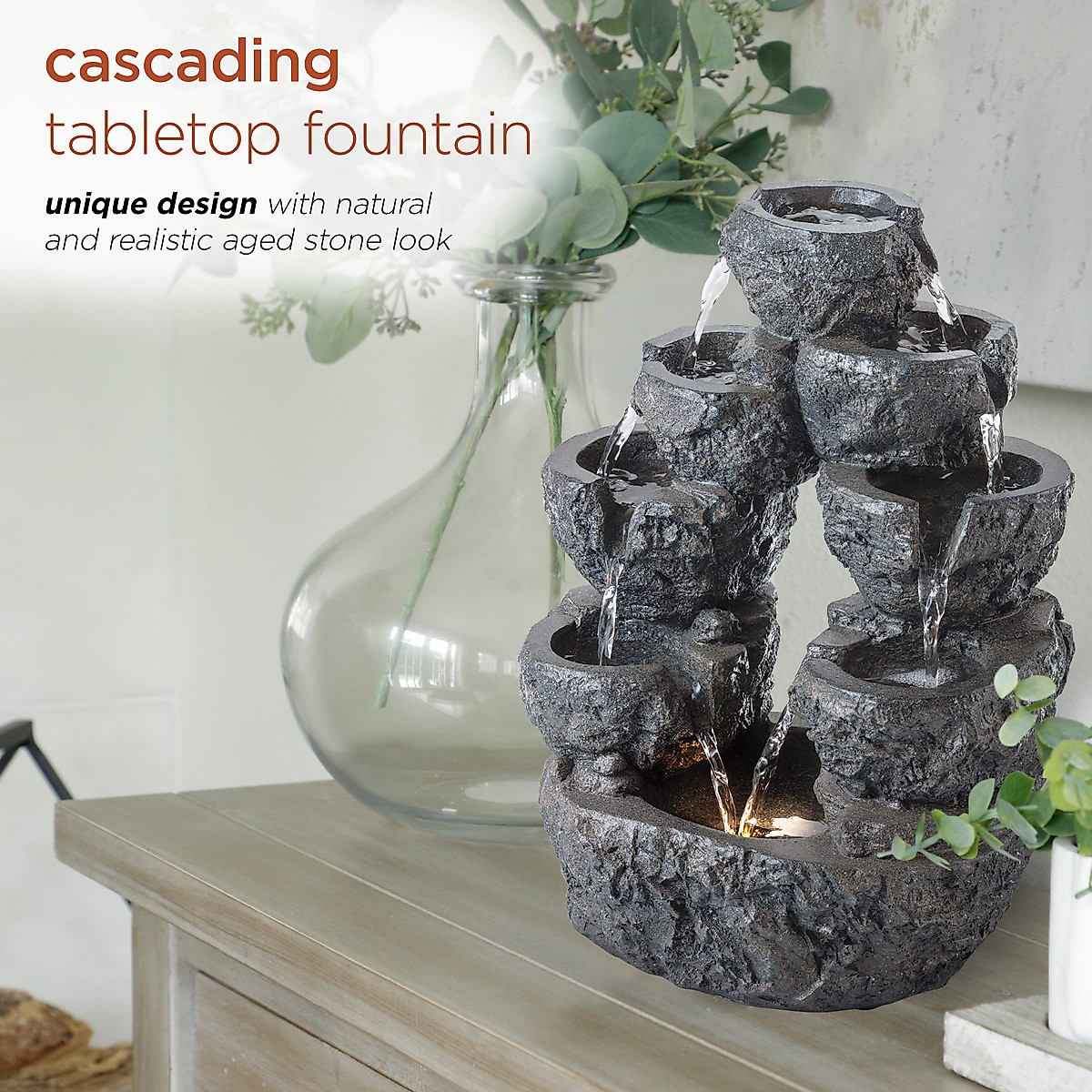 Alpine Corporation WIN1140 Cascading Fountain, 10" L x 7" W x 14" H, Gray