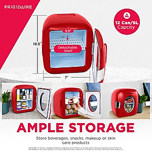Frigidaire Retro Mini Personal Fridge Cooler, Holds 9L or 12 Cans, Portable for Car, Office, Bedroom, Dorm Room, or Cabin, Features Plugs for Home Outlet & 12V Car Charger - 10"D x 7"W x 10.5"H, Red