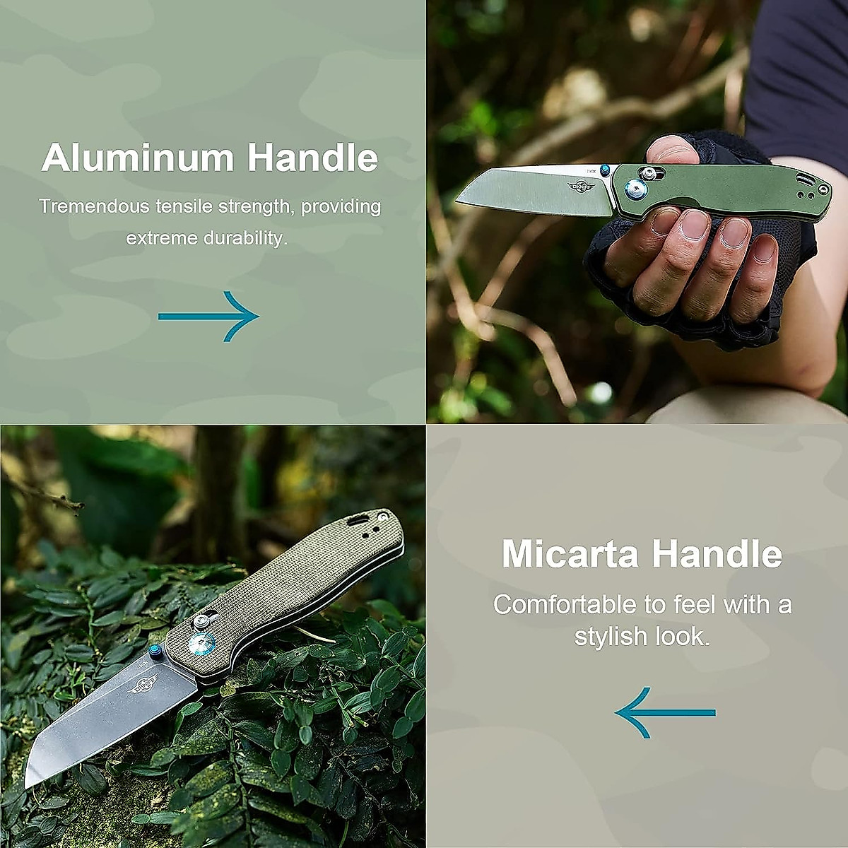 OKNIFE Rubato 2 EDC Pocket Knife, Rail Lock Folding Knives for Men Women Sheepsfoot Knife Camping Hiking Survival 154CM Blade (Micarta Handle), OD Green