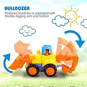 4 Pack Friction Powered Cars Set, Educational Vehicles Toy Gifts for Kids Toddler Baby 18 month +, Push and Go Bulldozer Tractor Dumper Cement Mixer Engineering Trucks Toys for Boys Girls Birthday