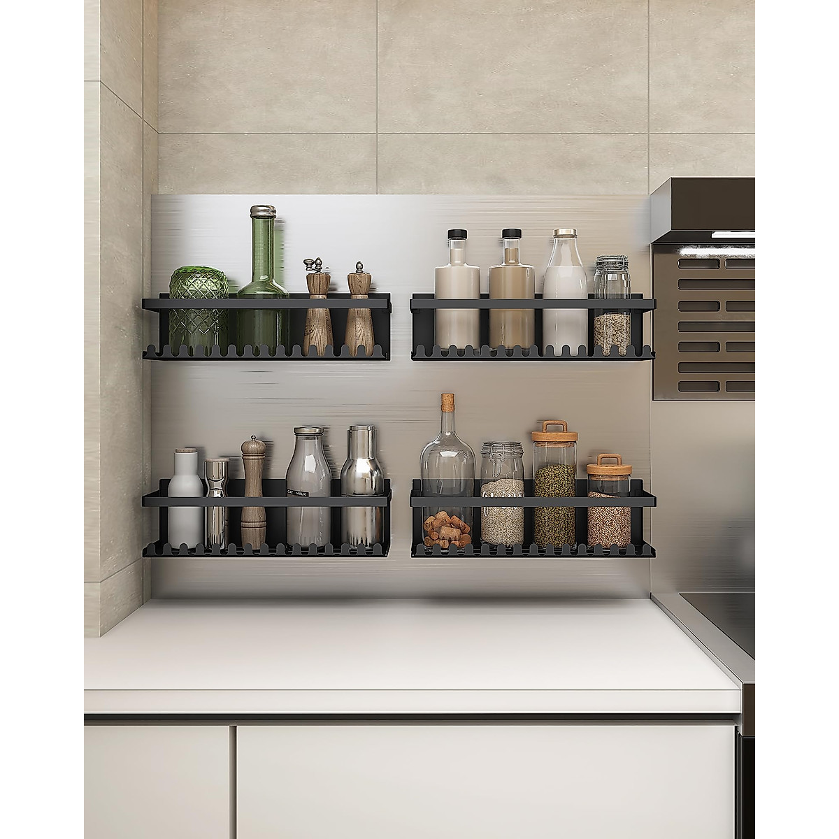 OROPY 4 Pack Magnetic Spice Racks with Paper Towel Holder, Metal Kitchen Spice Organizer Shelf for Refrigerator，Strong Magnetic Fridge Shelf with Hooks