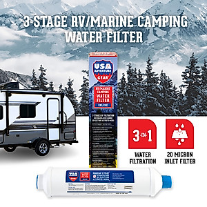 USA Adventure Gear 3-Stage RV/Marine XXL Inline Water Filter | Last 4X Longer | Filters Chemicals, Metals | Made in The USA