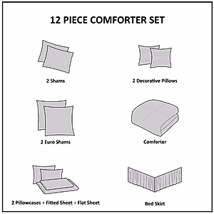 Madison Park Aubrey Cozy Comforter Set, Faux Silk Jacquard Paisley Design - All Season Down Alternative Bedding with Cotton Bed Sheets, Bed Skirt & Toss Pillows, King Black 12 Piece