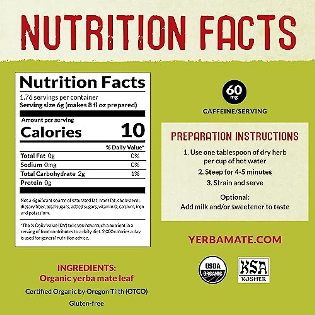 ECOTEAS - Organic Unsmoked Yerba Mate Tea Pure Loose Leaf 1Lb Detox Hi Caf Energy