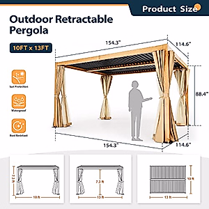 HAPPATIO Louvered Pergola 10x13 Outdoor Pergola, Woodgrain-Look Metal Pergola with Adjustable Rainproof Roof, Patio Pergola with Curtains and Mosquito Nets, Aluminum Pergola for Patio, Backyard, Deck