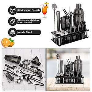 23 Piece Cocktail Shaker Set Bartender Kit with Acrylic Stand & Cocktail Recipes Booklet, Professional Bar Tools for Drink Mixing, Home, Bar, Party (Include 4 Whiskey Stones) - Black