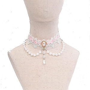 Chargances Gothic Halloween Pink Pearl Lace Necklace for Women Lolita Halloween Decorations Party Accessory