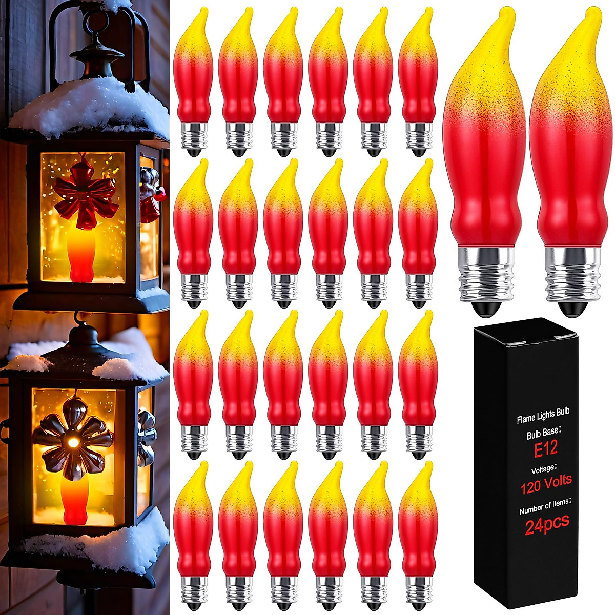 Glooglitter 24 Pcs Christmas Flame Lights Bulb Red Yellow Christmas Light Bulbs E12 Candelabra Bases Flame Shape Night Light Bulbs for Halloween Christmas Candle Light, Chandelier,7 Watt, 120 Volt