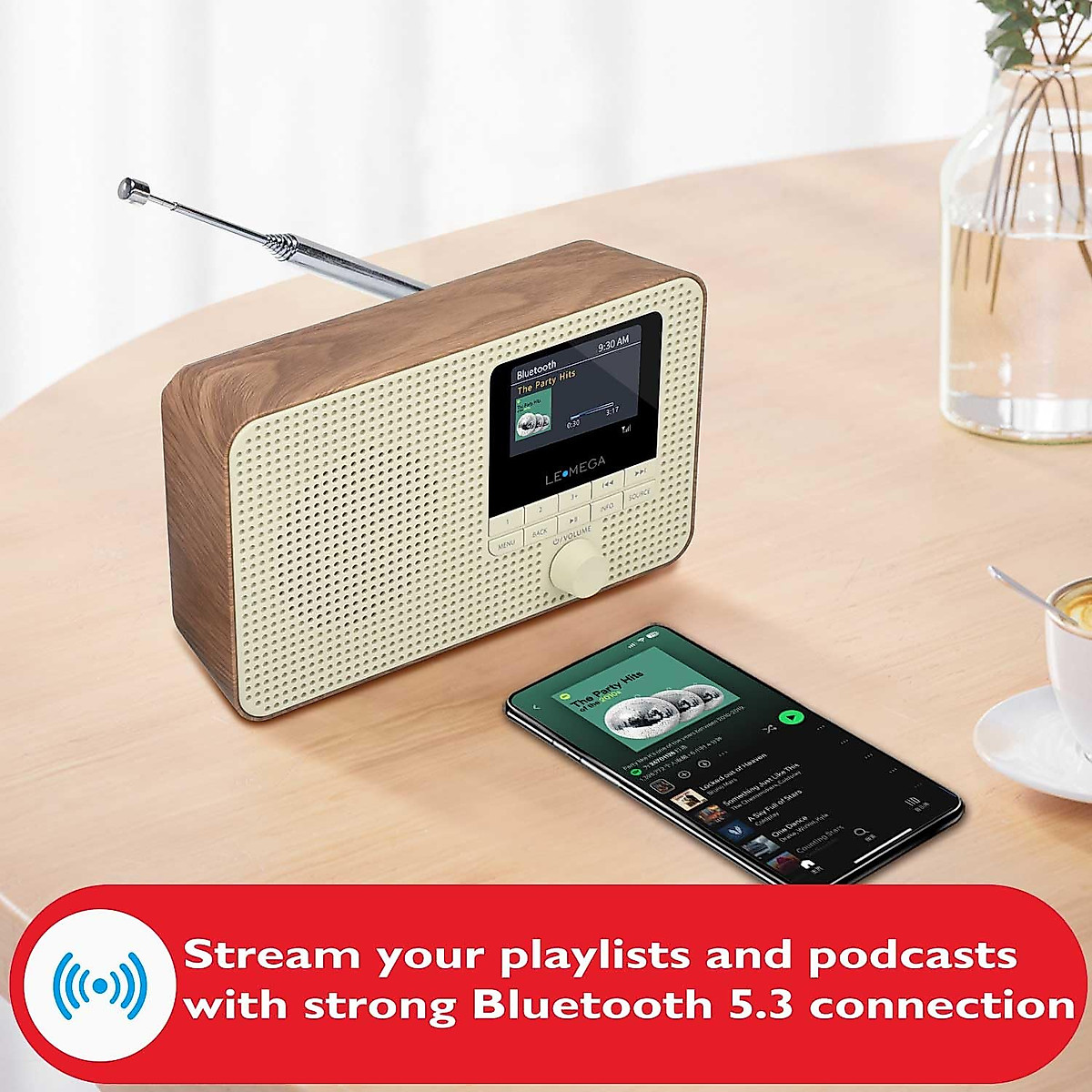LEMEGA IR1 Portable WiFi Internet Radio,FM Digital Radio,Bluetooth Speaker,Dual Alarms Clock,Sleep Snooze Timer,40 Presets, Headphone-Output,Colour Display,Batteries or Mains Powered – Walnut Finish