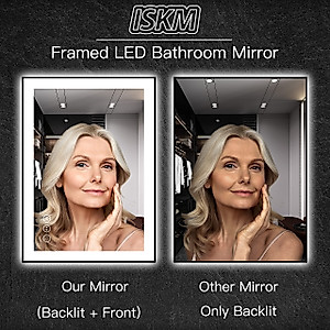 ISKM LED Mirror for Bathroom 40x24 Inch, Framed Adjustable Backlit and Front Lighted Anti-Fog Wall Mounted Mirror with Memory Function, Shatterproof and Waterproof