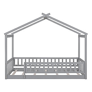 MERITLINE Twin House Bed for Kids Twin Montessori Floor Bed Frame with Rails and Roof, No Box Spring Needed, for Kids Teens Girls Boys (Twin Size, Gray)