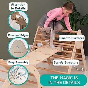 WoodandHearts Pikler Triangle Set Baby Climbing playset - Foldable Climbing Triangle - Climbing Slide Board - Arch Climber - Climbing Toys for Toddlers (Large Size) (Beige)