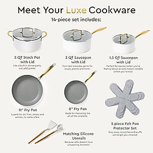 White and Gold Pots and Pans 15 PC Set - Premium Heavy Gauge Nonstick, Non Toxic, PFOA Free, Oven and Dishwasher Safe, Induction Compatible Cookware Set - Gold Kitchen Accessories