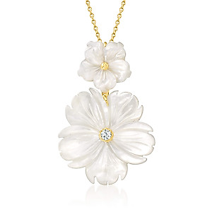 Ross-Simons Mother-Of-Pearl and .10 Carat White Topaz Flower Pendant Necklace in 18kt Gold Over Sterling. 16 inches