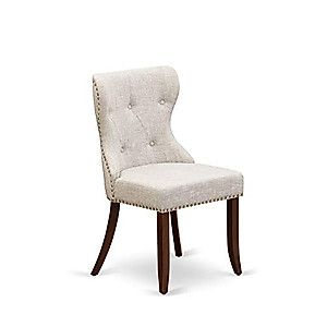 East West Furniture ESSI3-MAH-35 3 Piece Modern Dining Table Set Contains a Round Wooden Table with Pedestal and 2 Doeskin Linen Fabric Upholstered Chairs, 30x30 Inch, Mahogany