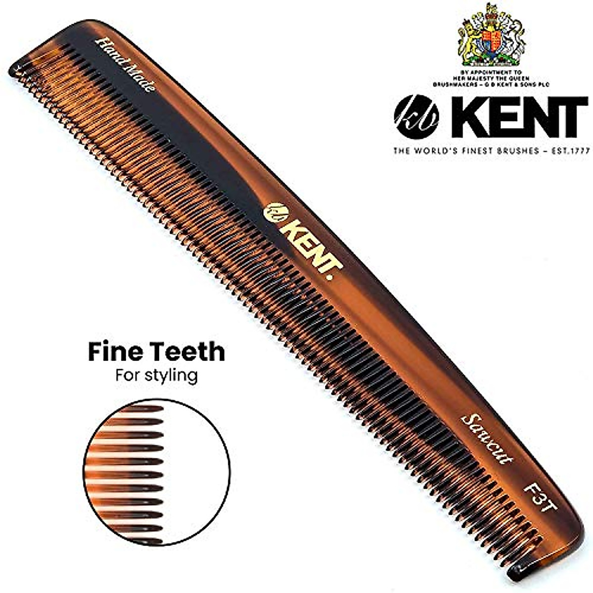 Kent F3T Handmade Dressing Table Comb for Men and Women, All Fine Tooth Hair Comb Straightener for Everyday Grooming Styling Hair, Beard and Mustache, Saw Cut and Hand Polished, Made in England