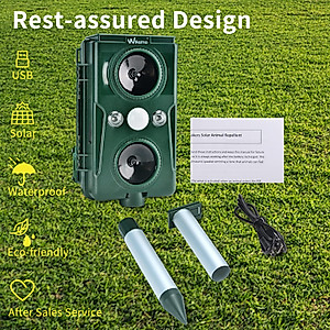 Solar Animal Repeller, Ultrasonic Mole Repellent, Rat, Squirrel, Deer, Raccoon, Skunk, Rabbit, Mole, Dog, Cat, Waterproof with Motion Detector, USB Rechargeable, Flashing Light