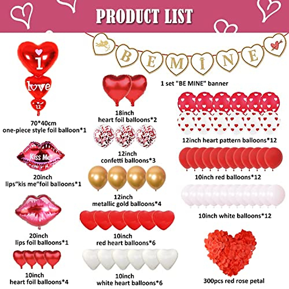 Valentines Day Balloon Arch Garland Kit, Red White Love Balloons Red Confetti Balloons Red Rose Petals Heart Garland I Love U Balloon Be Mine Banner for Valentine Day Engagement Wedding Decorations