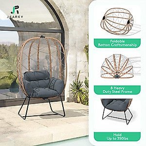 JEAREY Egg Chair with Side Table, Oversized Outdoor Indoor Lounger with 350lbs Capacity Wicker Egg Chair with Stand Cushion, Egg Basket Chair Set for Patio, Porch, Bedroom(Grey)…