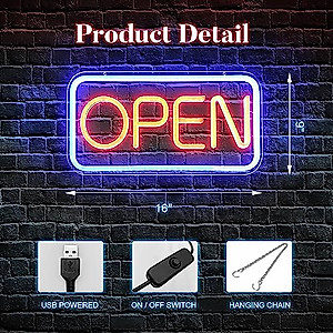BESTIELAM Neon Sign, OPEN Neon Signs for Business, Ultra Bright Blue & Red LED Neon Lights For Wall Decor & Room Decor, Restaurant, Store, Bar, Party Decoration, USB Powered, 16"x 9"