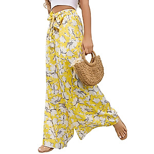 QIANXIZHAN Women's Wide Leg Pants, High Waisted Palazzo Pants Dressy Summer Flowy Casual Lounge Work Dress Pants Trousers Yellow Flower XL