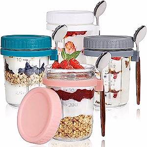 Pumtus 4 Pack Overnight Oats Container with Lid and Spoon, 16 OZ Airtight Glass Mason Oatmeal Jars, On The Go Meal Prep Jars with Measurement Marks for Milk, Cereal, Fruit, Breakfast