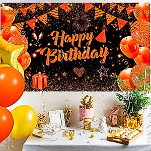 Orange Birthday Banner Decorations Large Orange Black Happy Birthday Banner Backdrop Orange Birthday Sign Photo Booth Background for Women Men Birthday Party Supplies 71x43Inch