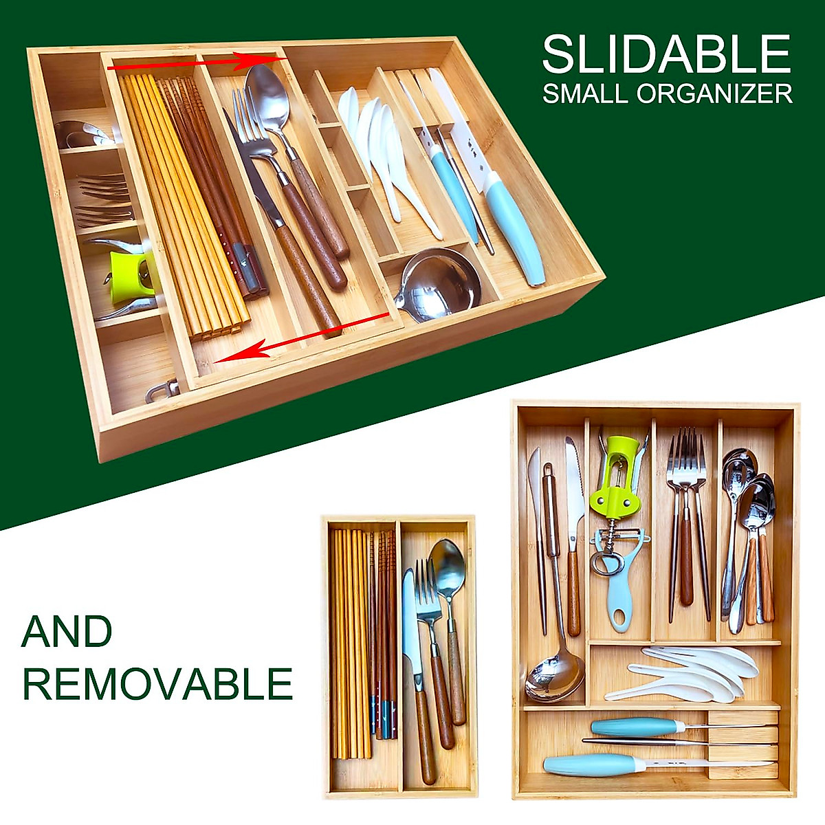 COIWAI Double layer Bamboo Kitchen Drawer Organizer, Utensil Drawer Organizer, Silverware & Cutlery Tray,With Slidable & Removable Utensil Tray,With Knife Holder, Flatware Organizer, Drawer Divider,