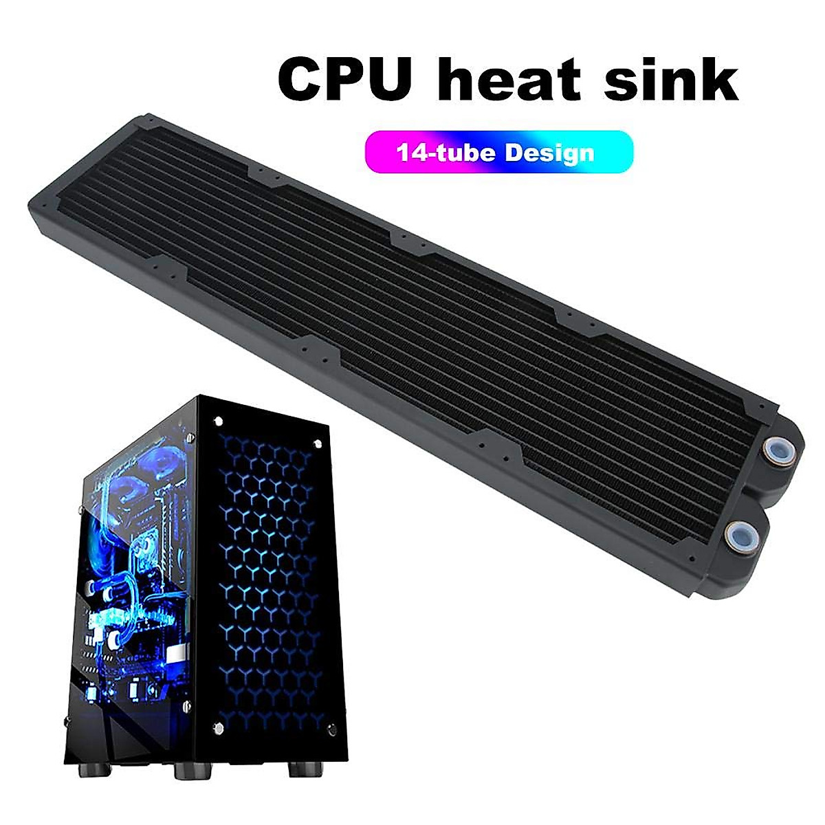 Copper Radiator 480mm, Water Cooling Radiator, 14 Tubes Heat Exchanger CPU Heatsink Cooler Fast Heat Dissipation for PC Computer - Black