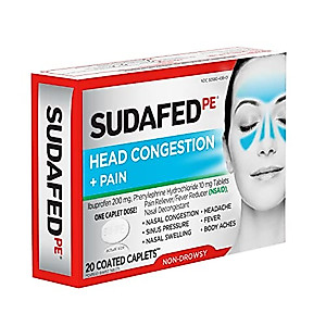 Sudafed PE Non-Drowsy Head Congestion + Pain Relief Caplets with Ibuprofen 200 mg & Phenylephrine HCl 10 mg, Nasal Decongestant & NSAID Pain Reliever & Fever Reducer, 20 ct