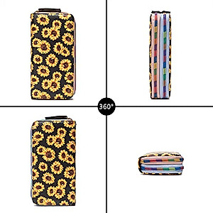 Ecohaso Sunflower Wallets for Women, Girls Wallets Cute Sunflower Pattern, Double Zipper Long Leather Wristlet Clutch Purses with Multiple Card Slots and Removable Wrist Strap for Girls (Sunflower)