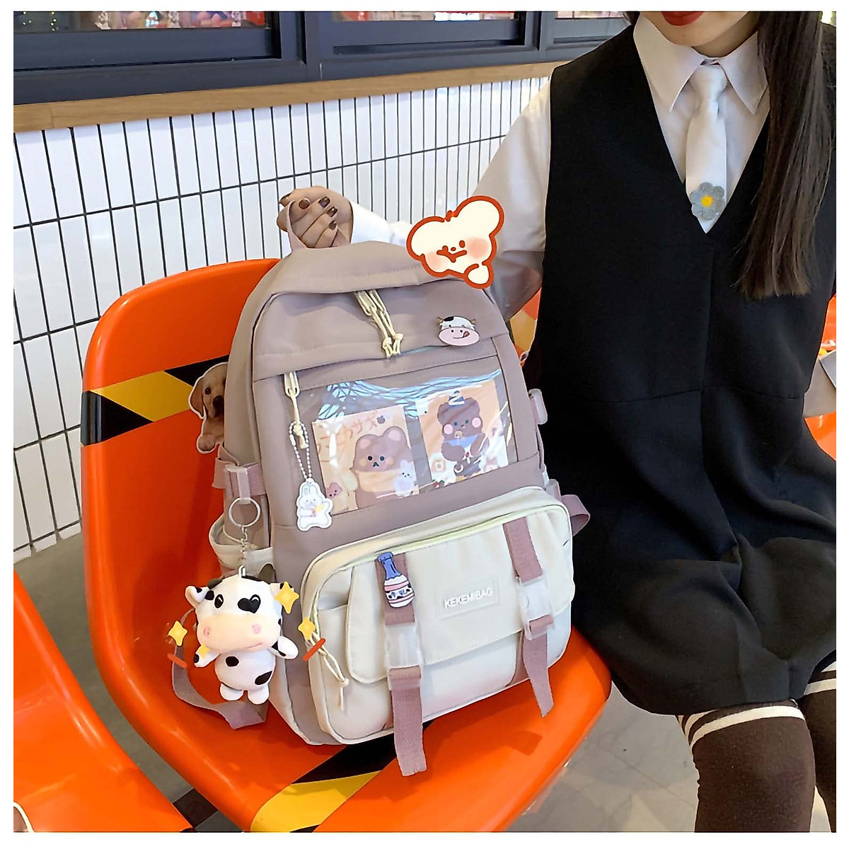 Kawaii Backpack Aesthetic Laptop Bag Large Capacity School Bag 17in Cute Bookbag Backpacks for Girls with Badge&Cute Pendant Pink1