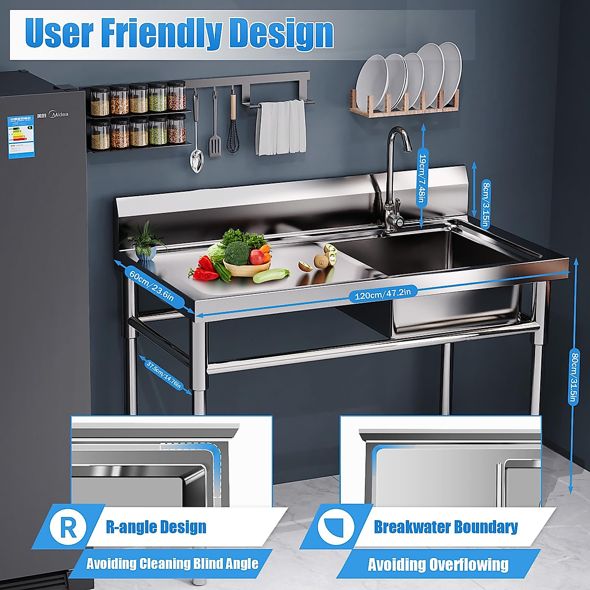 3 Compartment Commercial Stainless Steel Utility Sink Free Standing Sink Kitchen Sink with 3 Drains, 39x17.7x37.4" (3 Bowl)