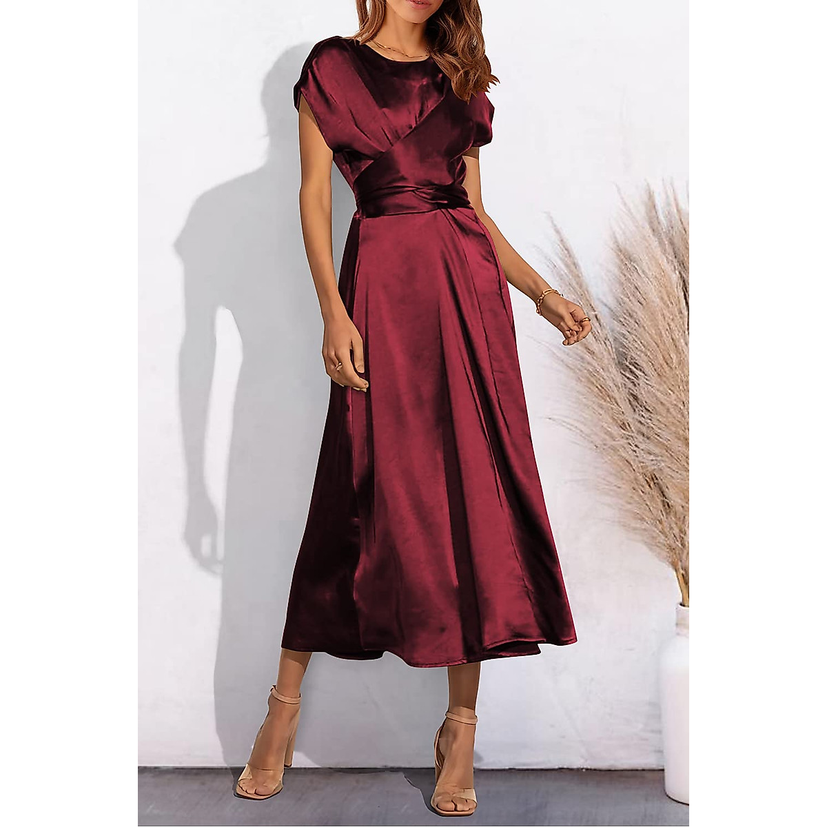 PRETTYGARDEN Women's 2024 Summer Satin Midi Dress Cap Sleeve Tie Waist Elegant A-Line Flowy Dresses (Wine Red,Medium)
