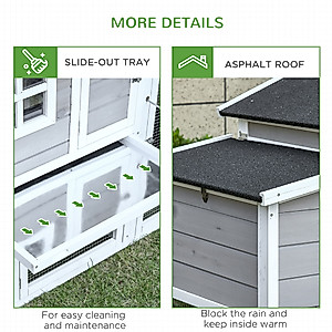 PawHut 76" Wooden Chicken Coop, Outdoor Chicken House Poultry Hen Cage with Outdoor Run, Nesting Box, Removable Tray and Lockable Doors, Grey