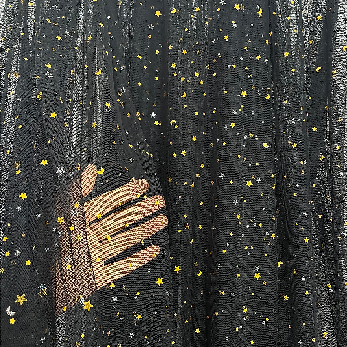 Black Glitter Tulle Fabric Rolls 63 inch by 5 Yards Gold Star Moon Sequin Tulle Netting Fabric for Tutu Skirt Sewing DIY Crafts Wedding Birthday Baby Shower