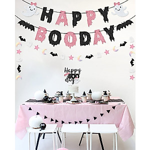 Pink Black Happy Boo Day Banner Happy Boo Day Cake Topper for Pink and Black Girl Halloween Birthday Party Decorations