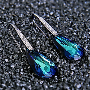 EleQueen 925 Sterling Silver CZ Teardrop Hook Dangle Earrings Bermuda Blue Made with Austrian Crystals, Valentine's Day/Mother's Day/Christmas Jewelry Gift