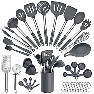 Homikit 38 Pieces Kitchen Cooking Utensils Set with Holder, Gray Silicone Utensil with Stainless Steel Handle, Nonstick Kitchen Tools with Spatula Ladle Pizza Cutter Grater Spoon Rest, Heat Resistant