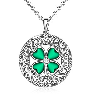 Shamrock Necklace St Patricks Day Necklace Four Leaf Clover Necklace for Women Sterling Silver Celtic Knot Irish Green 4 Leaf Clover Necklaces Jewelry Pendant Lucky Saint Patricks Gifts