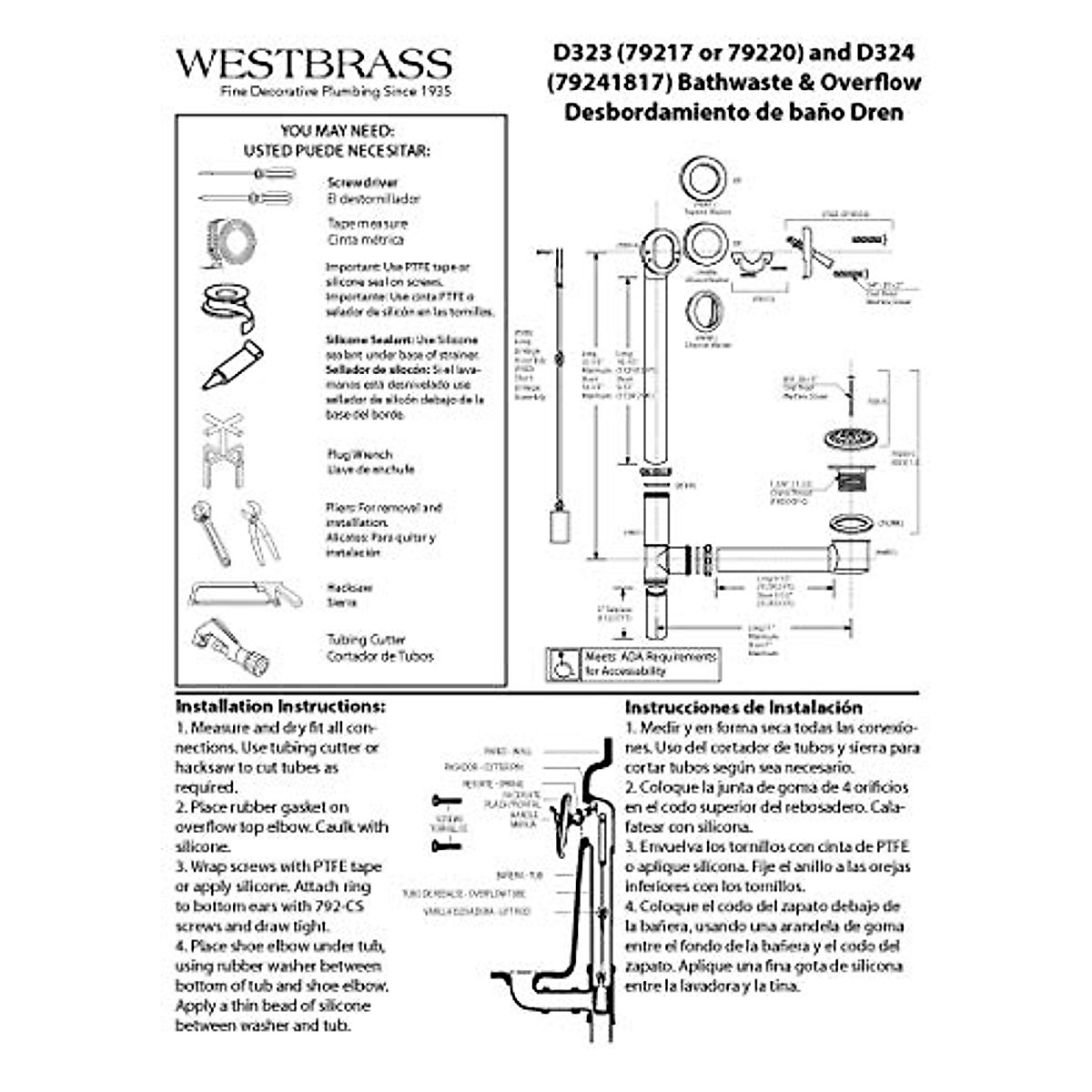 Westbrass D323-26 14-Inch 20 Gauge Brass Trip Lever Bath Waste and Overflow with Grid