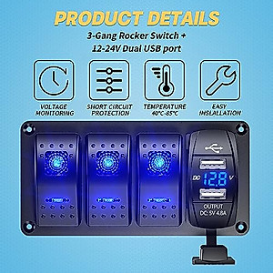 3 Gang Rocker Switch Aluminum Panel with Voltmeter & Dula USB Charger (4.8 Amp) 12V/24V DC Rocker Switch with Night Glow Stickers, Waterproof for Marine, Boat, Car, Truck, Jeep (Blue)