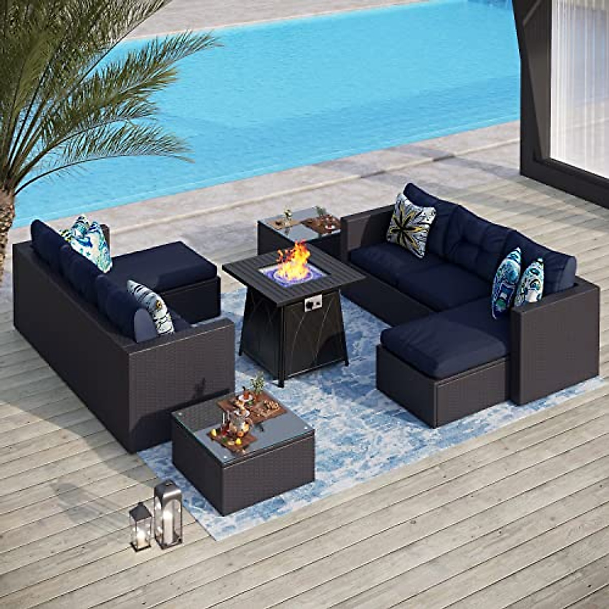 Sophia & William Patio Furniture Sectional Sofa with Gas Fire Pit Table All-Weather Wicker Rattan Outdoor Conversation Sets W/Coffee Table, CSA Approved 28-Inch 50,000BTU Propane Fire Pit (Navy Blue)